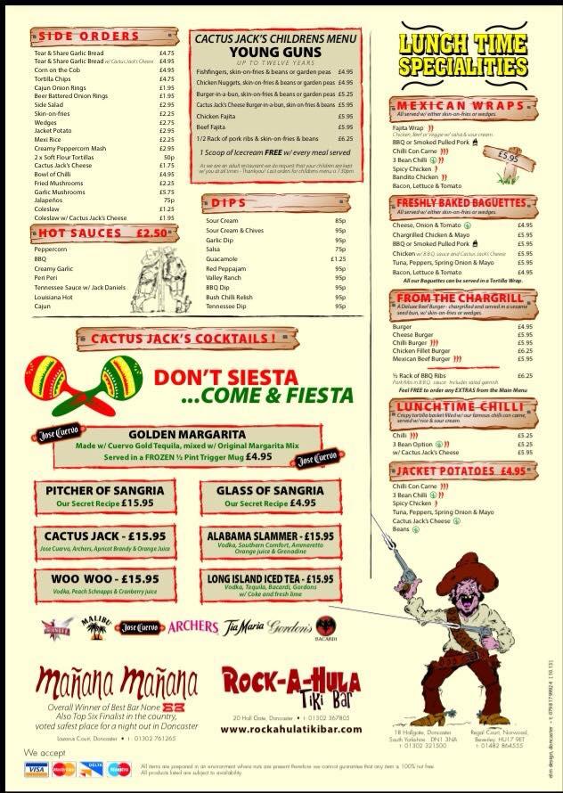 Menu at Cactus Jack restaurant, Doncaster