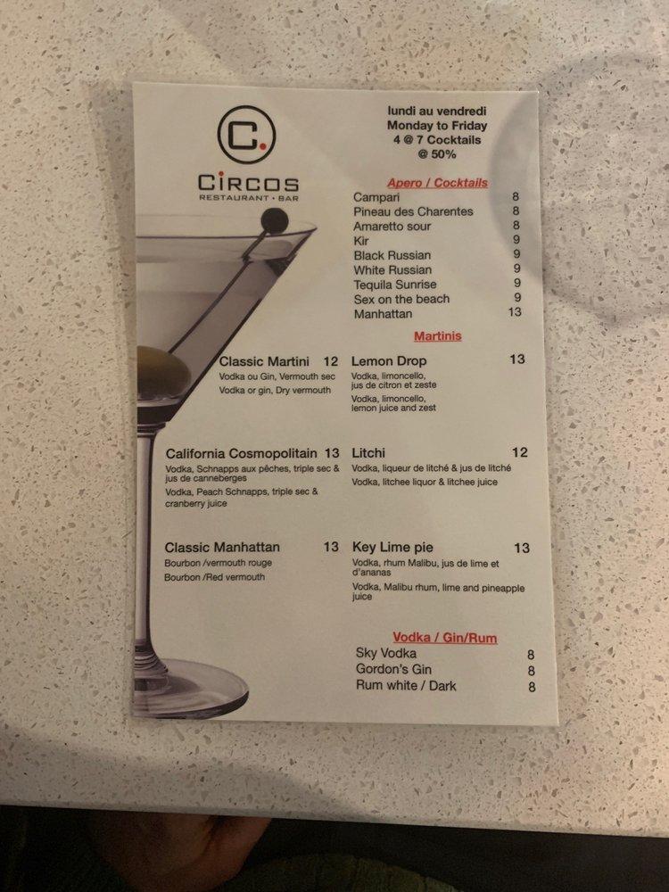 Menu at Circos Restaurant, Montréal, 380 Sherbrooke St W