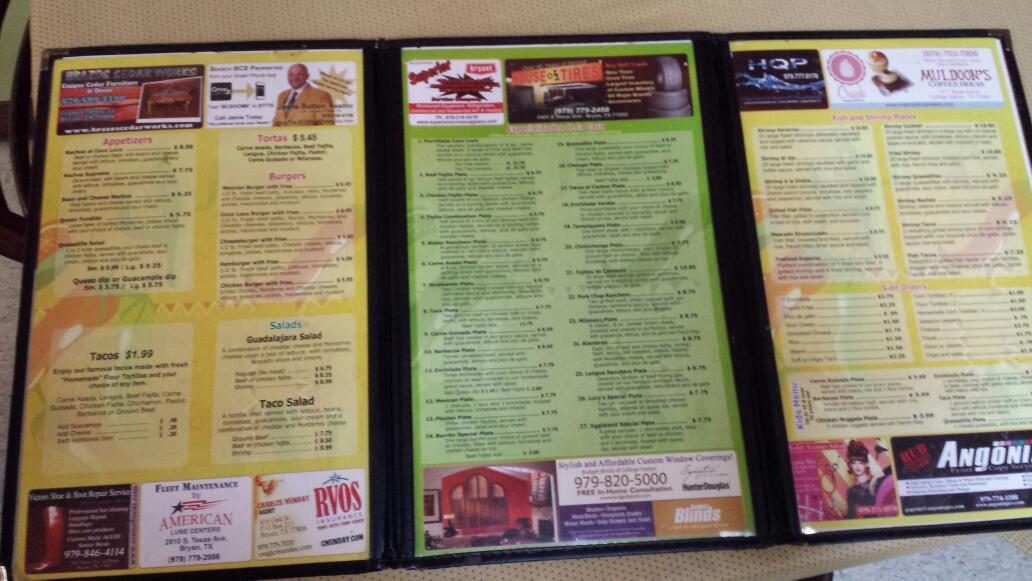 Menu at Coco Loco restaurant, Bryan, Texas Ave