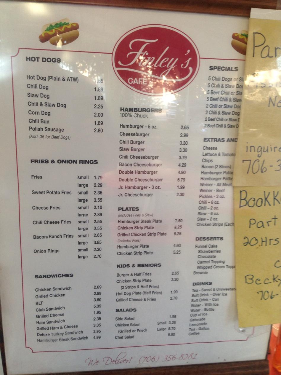 Menu at Finley's Cafe, Lavonia
