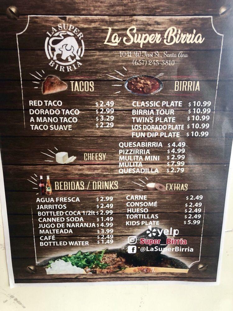 Menu at La Super Birria restaurant, Santa Ana