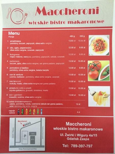 Carta del restaurante Maccheroni, Gdańsk