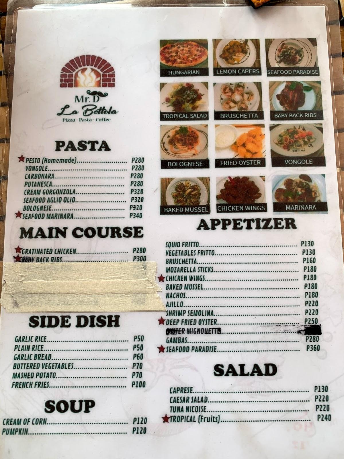 Menu at Mr.D La Bettola Boracay pizzeria, Malay