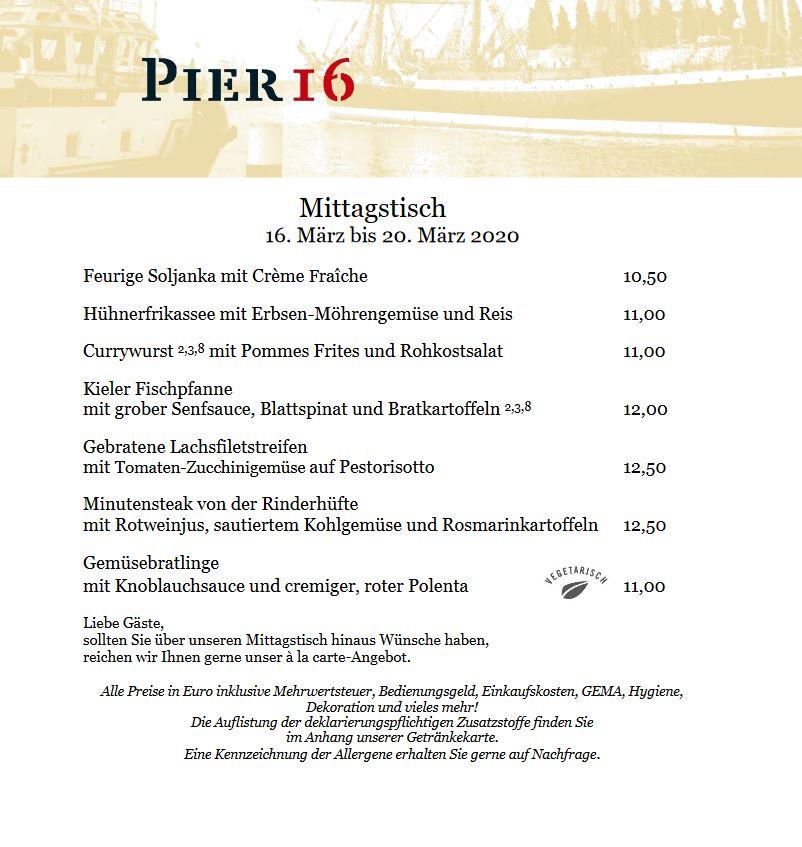 Menu at Pier 16 restaurant, Kiel