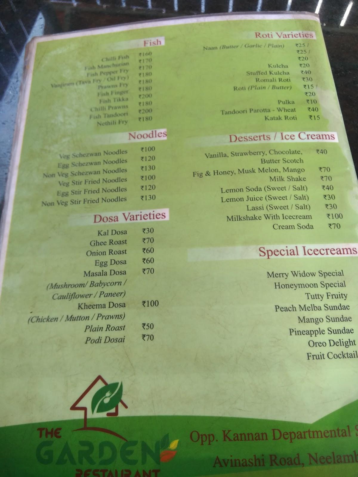 Menu at The Garden Restaurant, Coimbatore