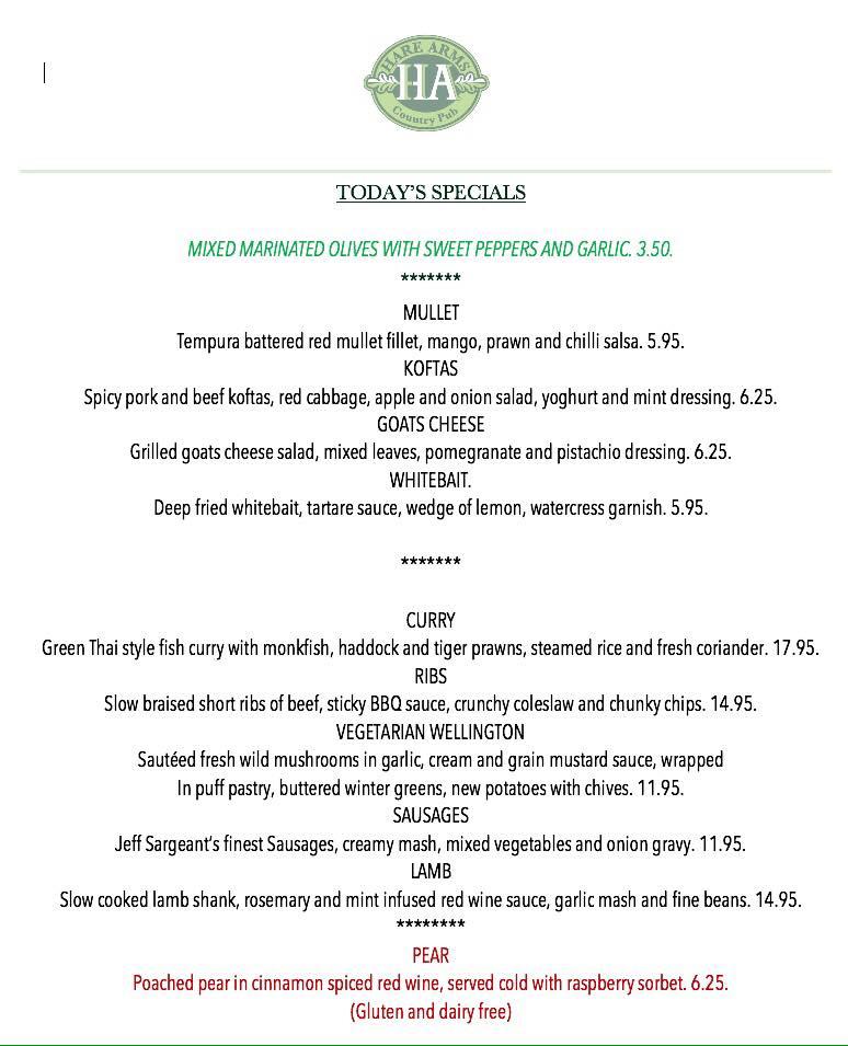 Menu at Hare Arms Stow Bardolph, Stow Bardolph, Lynn Rd