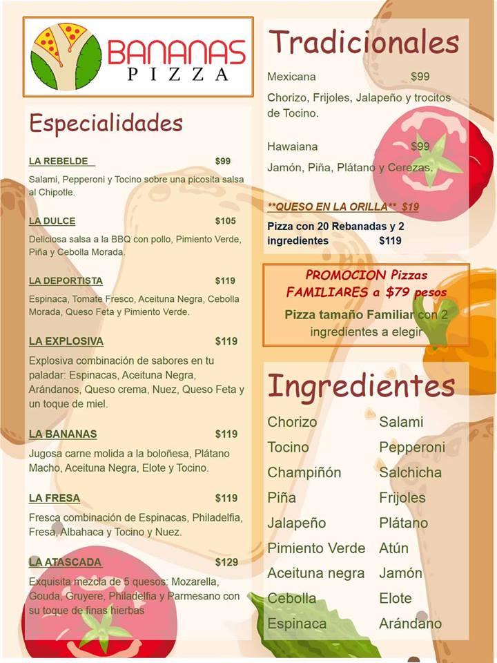 Menu at Bananas Pizza pizzeria, Mazatlán, Enrique Pérez Arce 5010-B