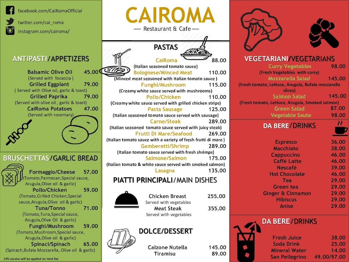 Menu at CaiRoma restaurant, Cairo