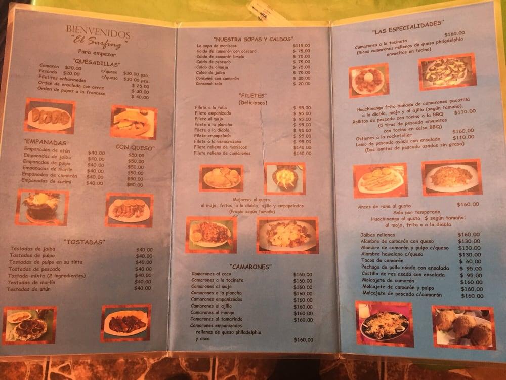 Menu at Mariscos El Surfing restaurant, Mexico City