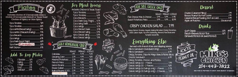 Menu at Mike's Chicken restaurant, Dallas, Maple Ave