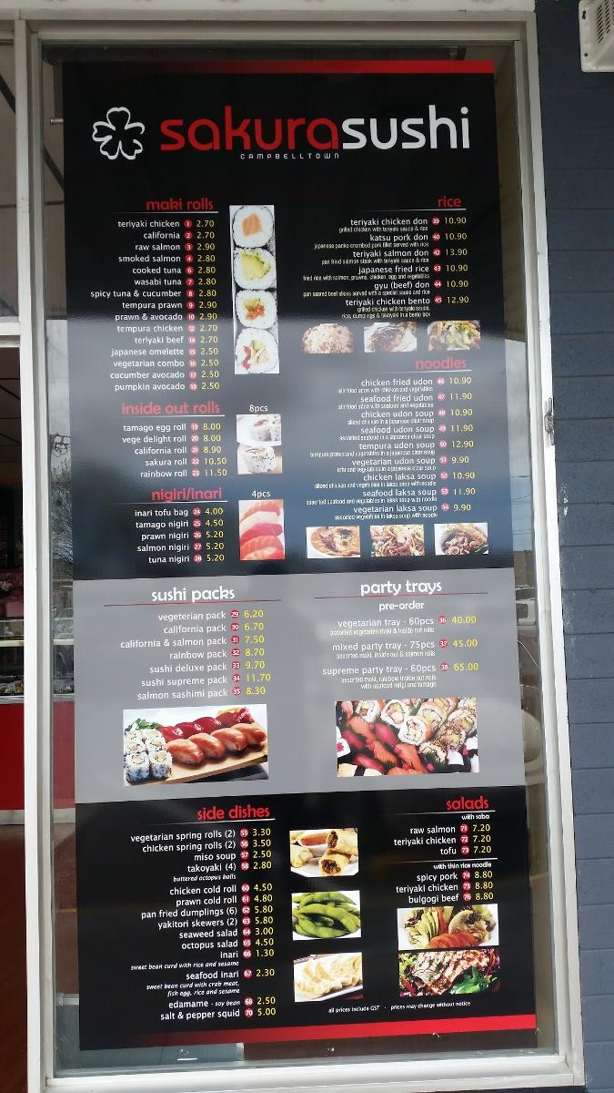 Menu at Sakura Sushi restaurant, Campbelltown