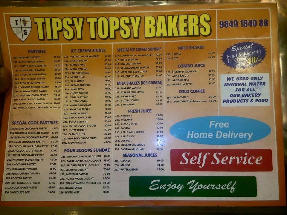 Menu at Tipsy Topsy Bakers, Hyderabad, CCPW+QRR
