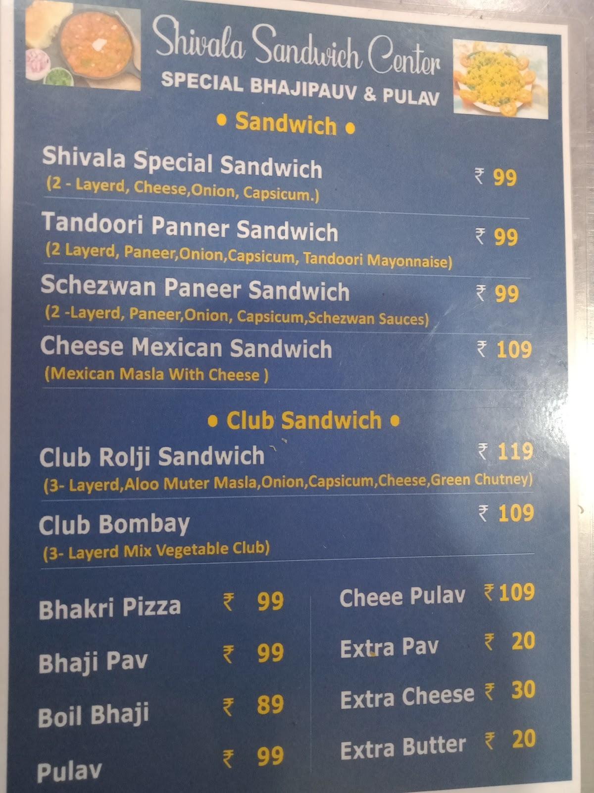 Menu at shivala sandwich, Ahmedabad