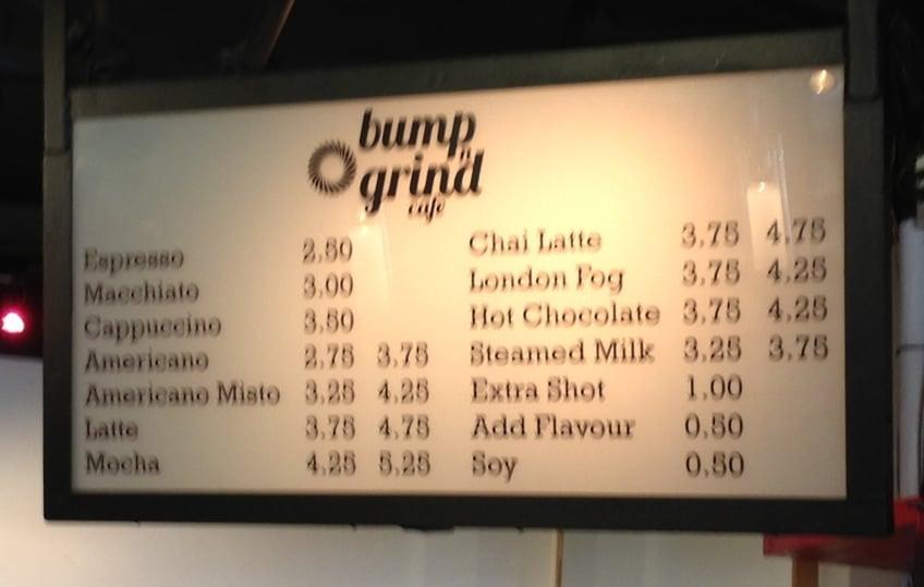 Menu at Bump N Grind Cafe, Vancouver, 916 Commercial Dr