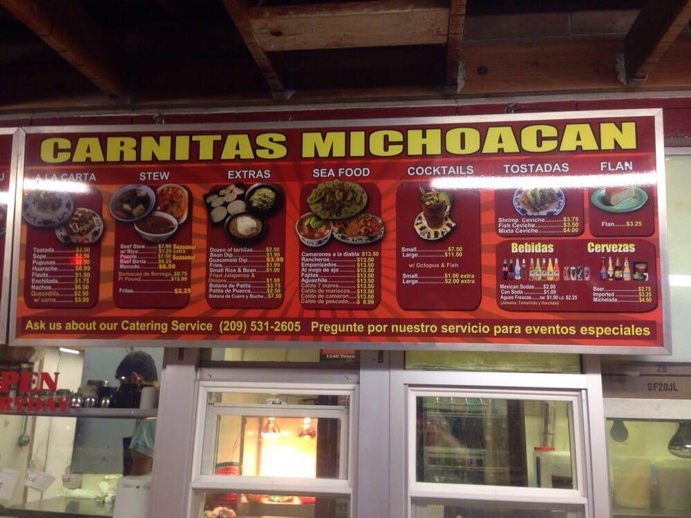 Menu at Carnitas Michoacan restaurant, Ceres