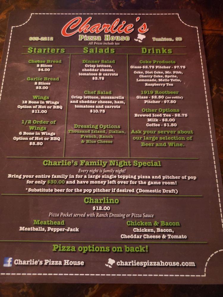 Menu at Charlie's Pizza House pizzeria, Yankton