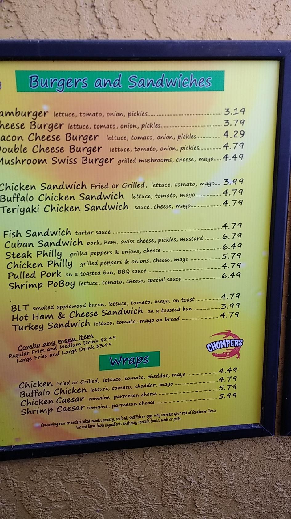 Menu at Chompers Diner restaurant, Fanning Springs