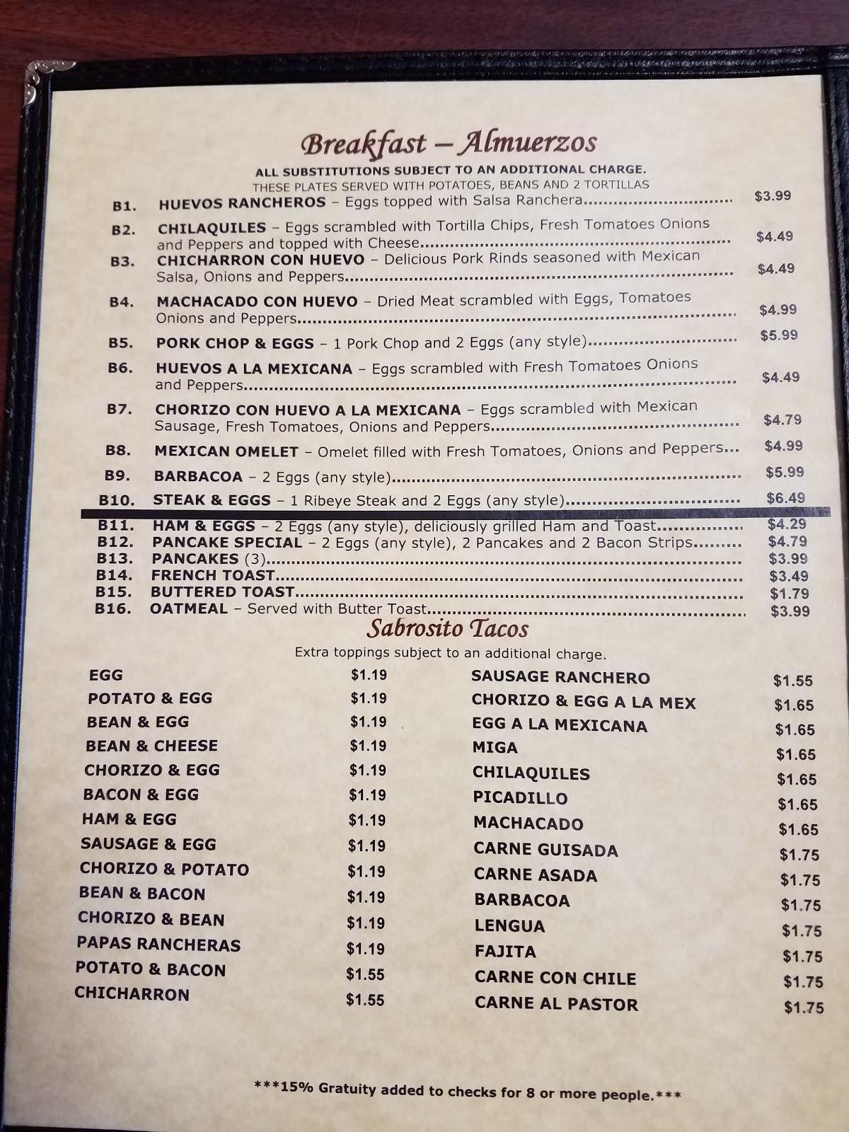 Menu at El Sabrosito Mexican Restaurant, Converse