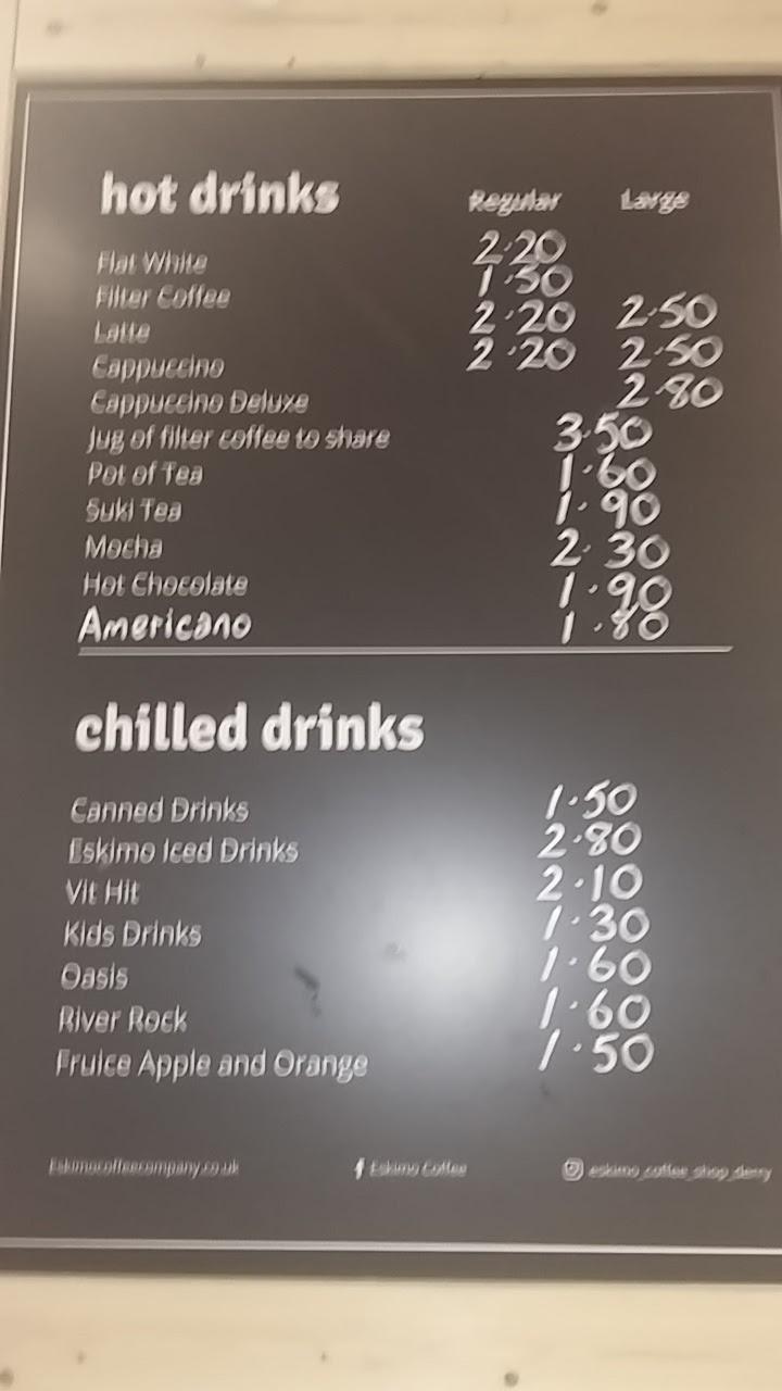 Menu at Eskimo cafe, Londonderry
