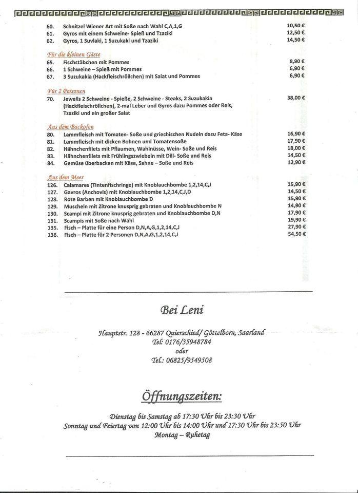 Speisekarte von Griechisches Restaurant bei Leni, Quierschied