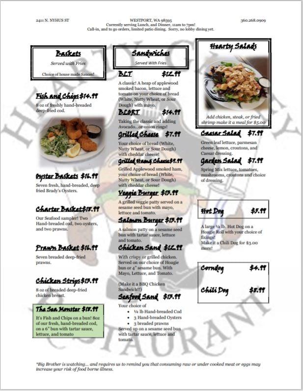 Menu at Hearty Galley restaurant, Westport