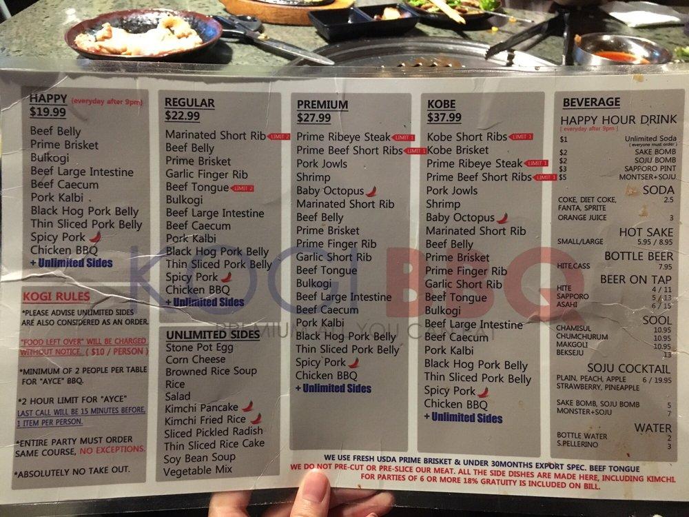 Menu at Kogi Korean BBQ, San Diego
