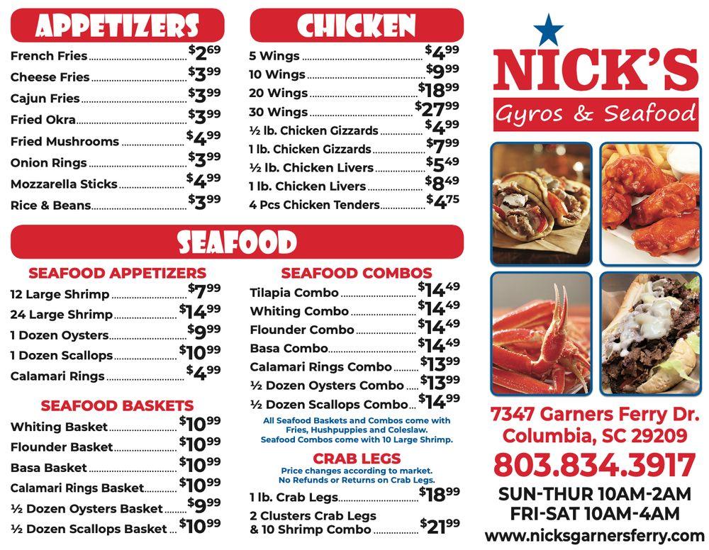 Menu at Nick's Gyros Seafood IV fast food, Columbia