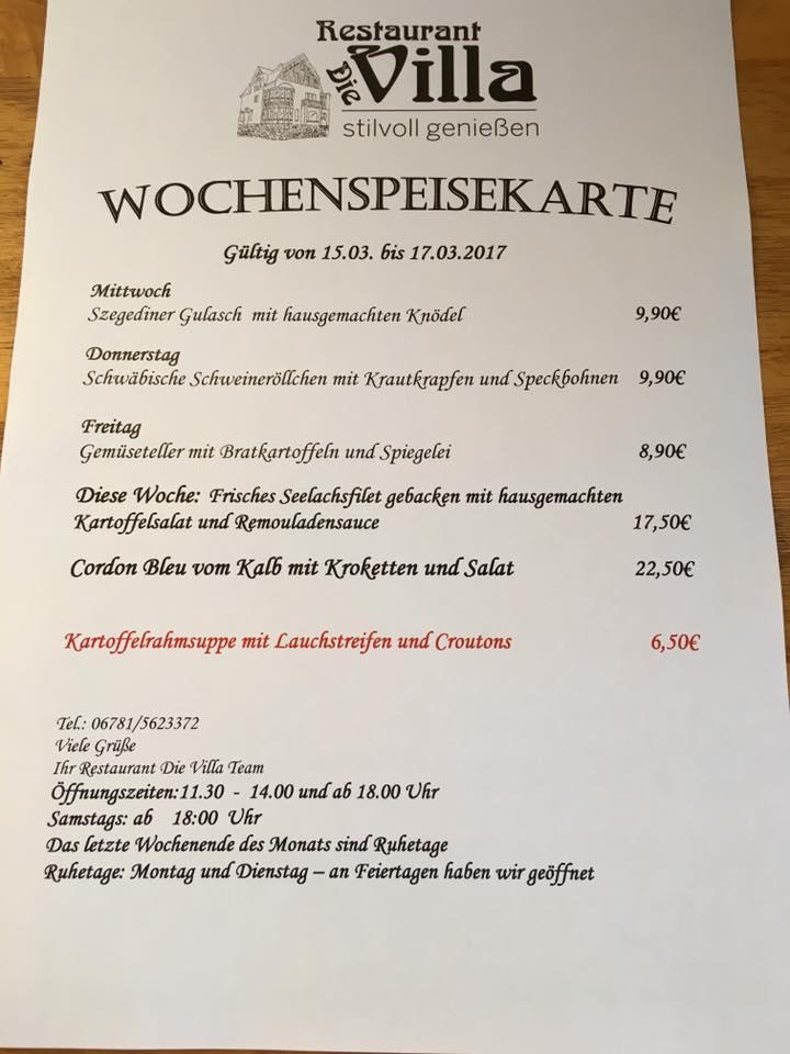 Speisekarte von Restaurant die Villa, Idar-Oberstein
