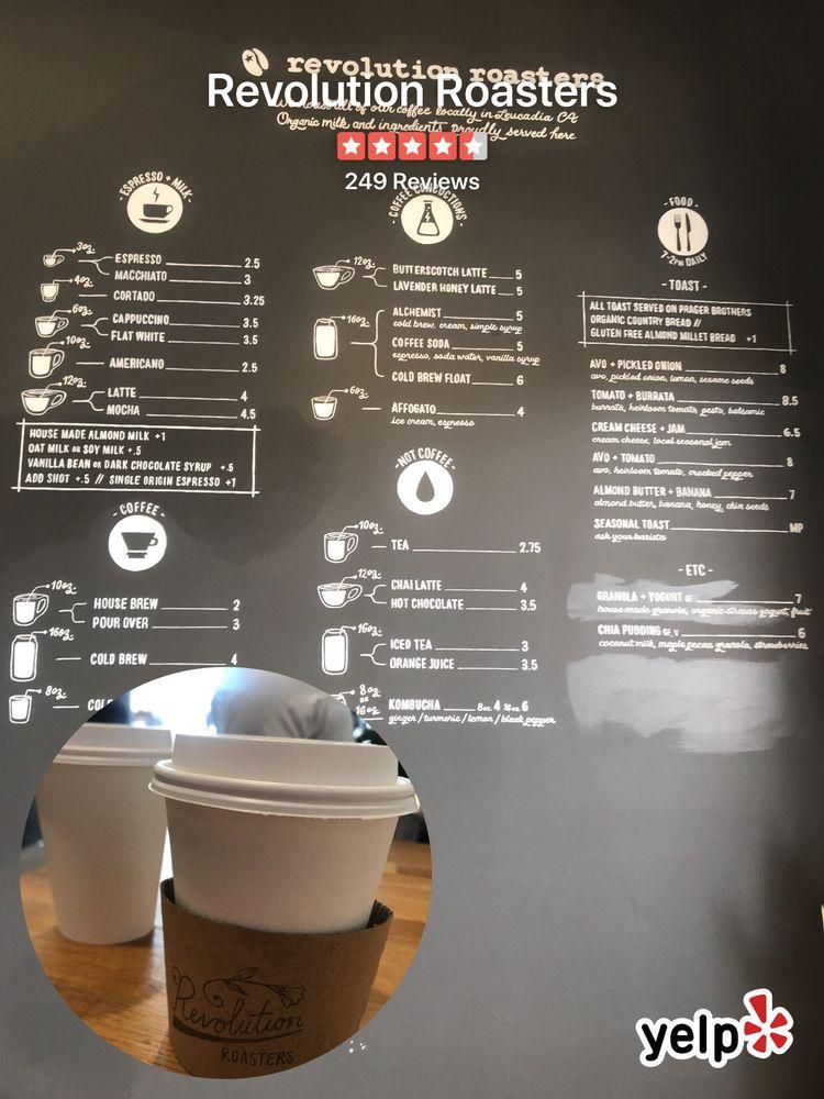 Menu at Revolution Roasters cafe, Oceanside