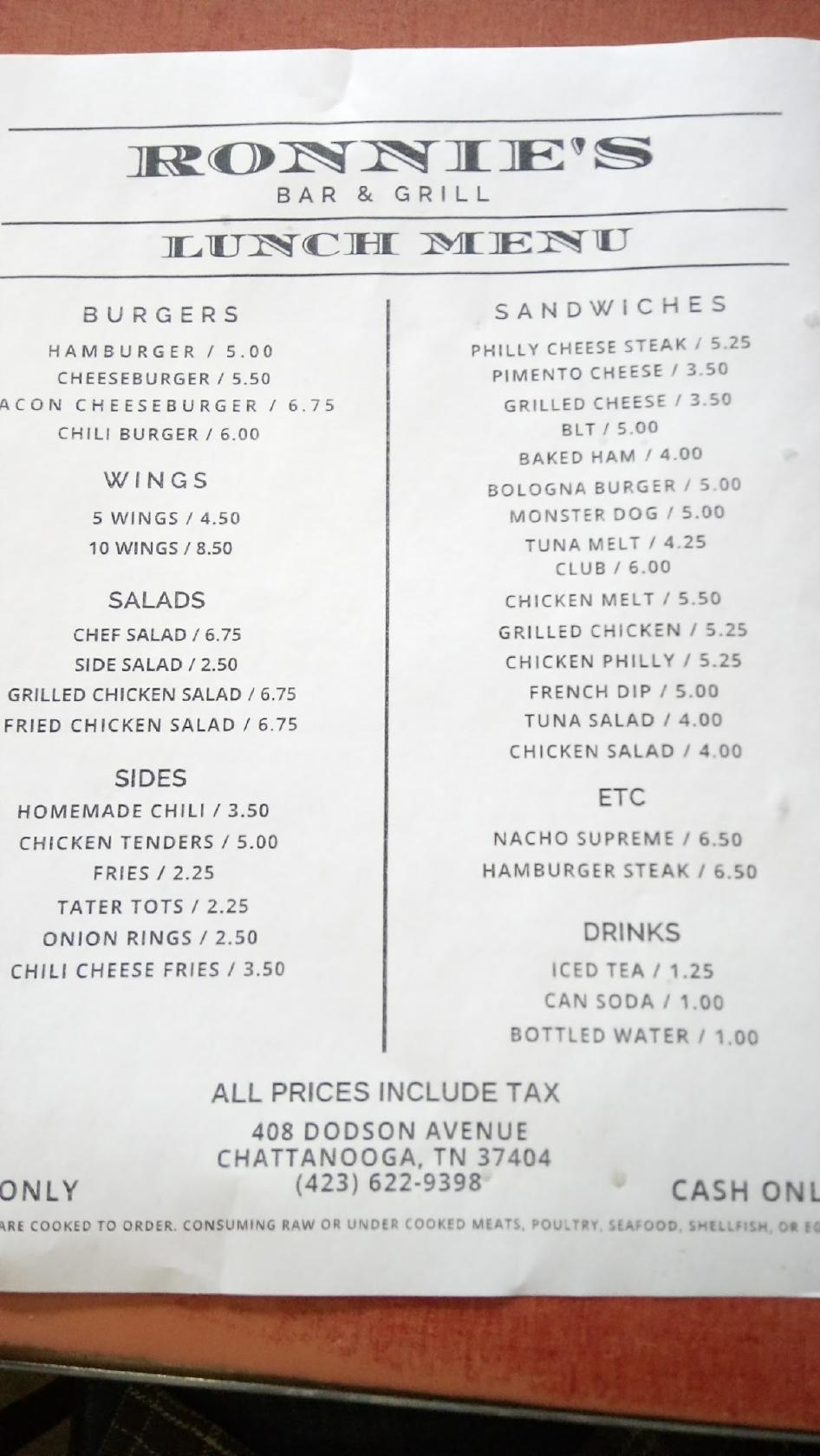 Menu at Ronnie's Grill restaurant, Chattanooga