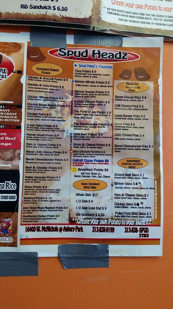 Menu at Spud Headz restaurant, Detroit, W McNichols Rd