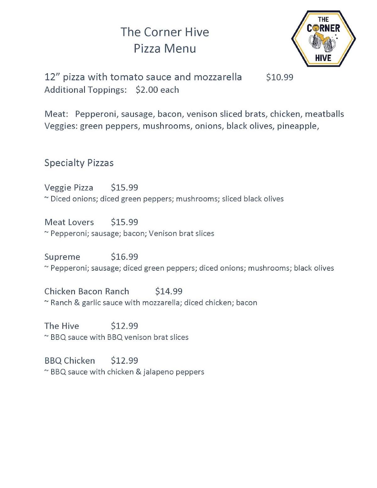 Menu at The Corner Hive pub & bar, Little Chute