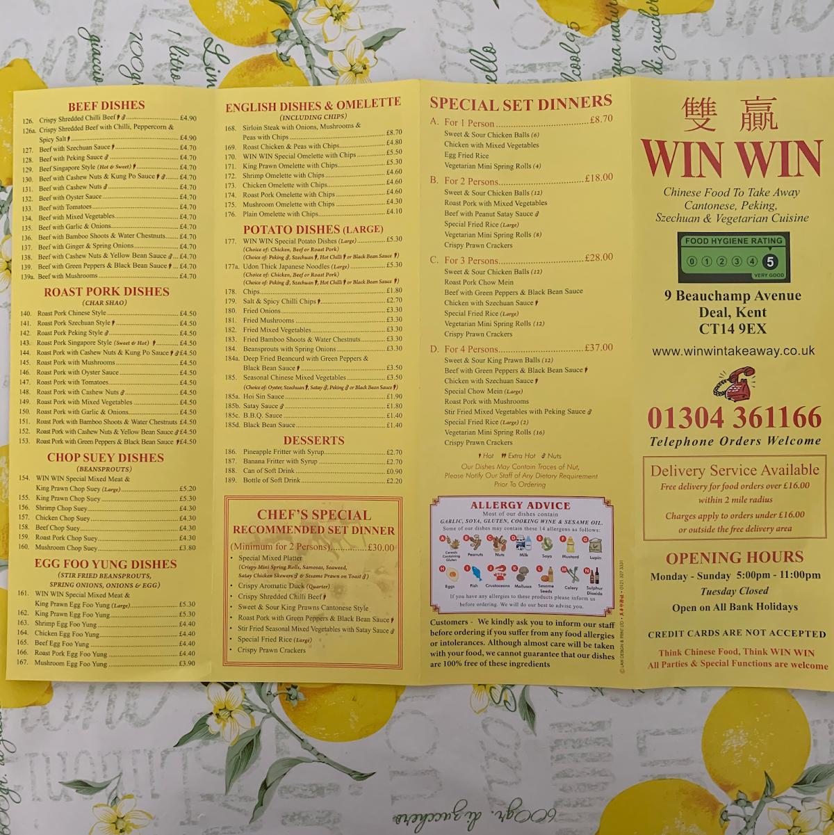 Menu at Win Win Chinese Takeaway, Deal
