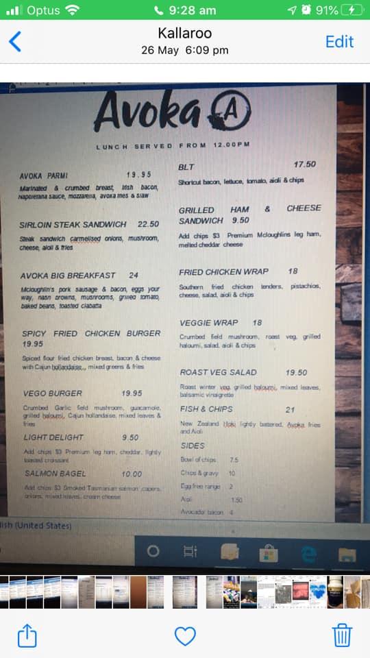 Menu at Avoka cafe, Woodvale