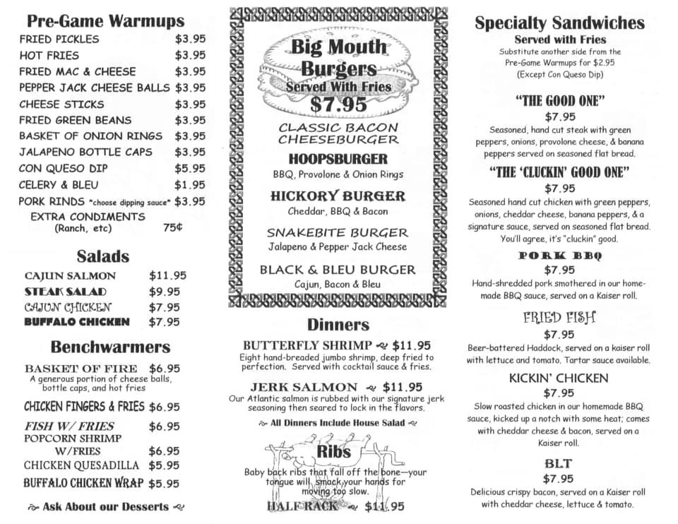 Menu at Hoops Cafe, Fairmont, 505 Locust Ave