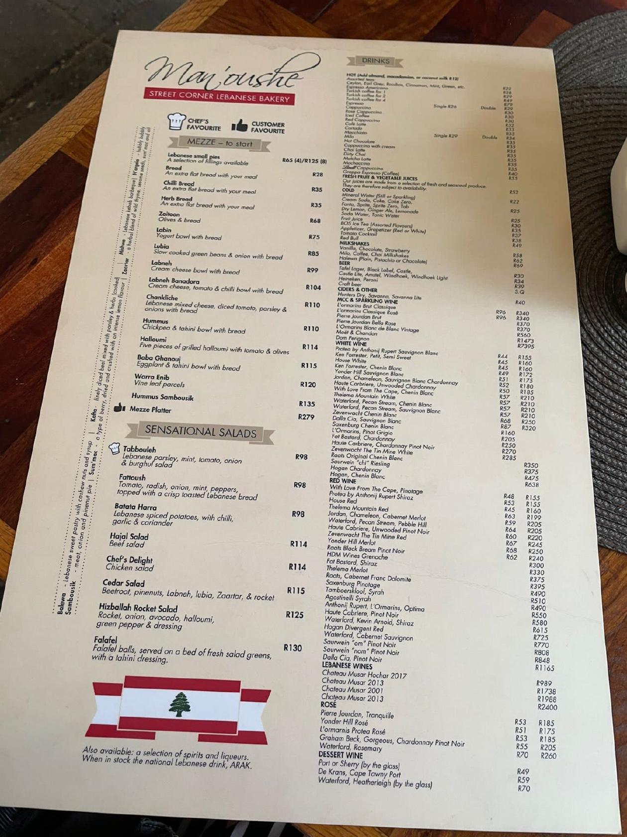 Menu at Man'oushe restaurant, Stellenbosch