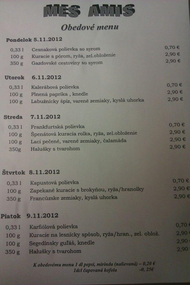 Menu at Mes Amis restaurant, Prešov