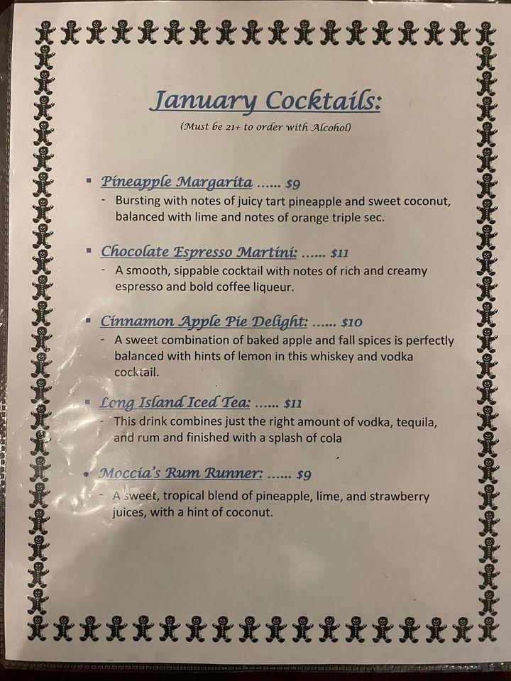 Menu at Moccia's Train Stop pizzeria, Schwenksville