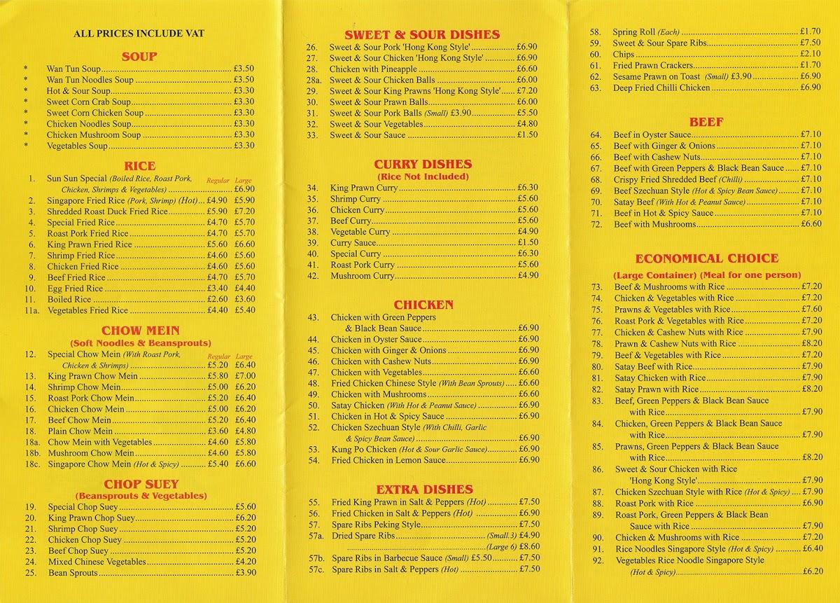 Menu at Sun Sun fast food, London, 94 Clapham High St