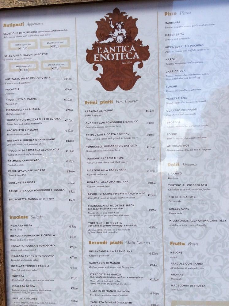 Menu at Antica Enoteca pub & bar, Rome, Via della Croce