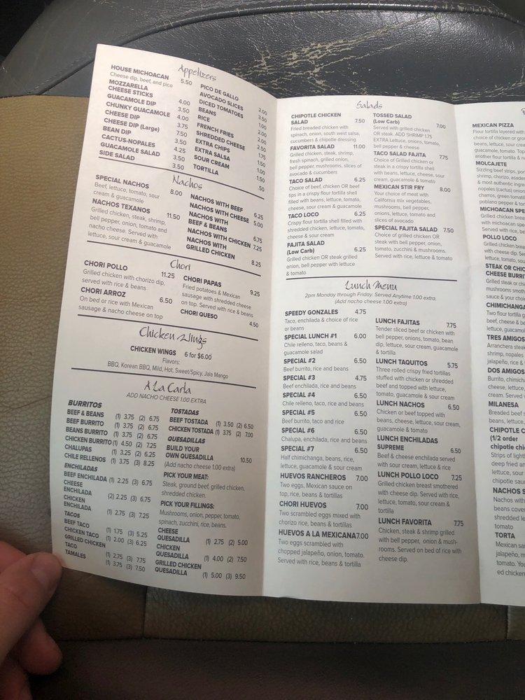 Menu at El michoacan mexican restaurant, Forest City