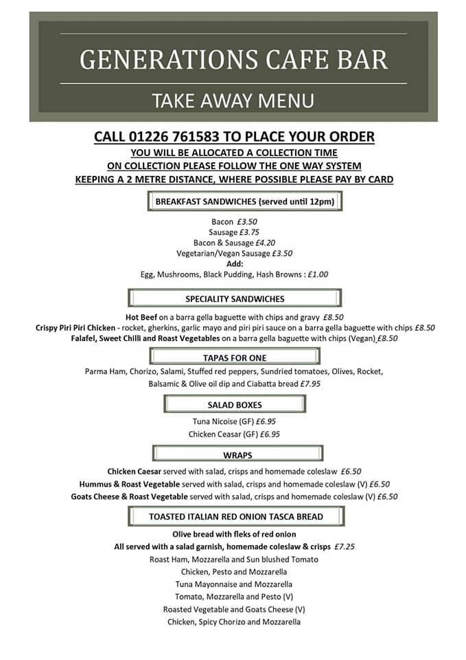 Menu at Generations Cafe Bar, Sheffield