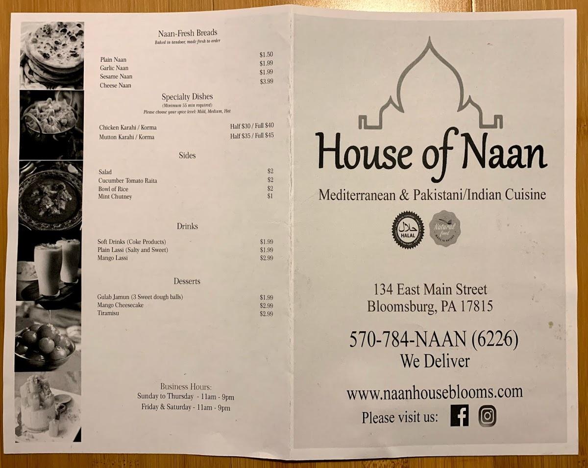 Menu at Bloom's Naan House restaurant, Bloomsburg