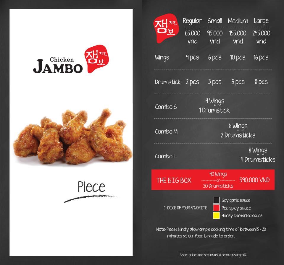Menu at Jambo chicken Viet Nam restaurant, Ho Chi Minh City