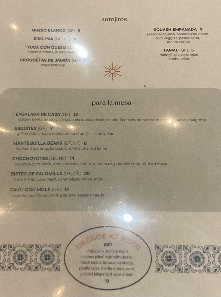 Menu at La Semilla restaurant, Atlanta