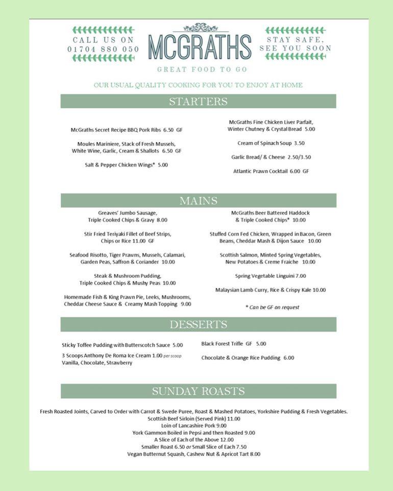 Menu at Master McGraths restaurant, Ormskirk