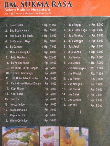 Menu at Sukma Rasa restaurant, Mataram, Jl. Tgh. Lopan-Labuapi