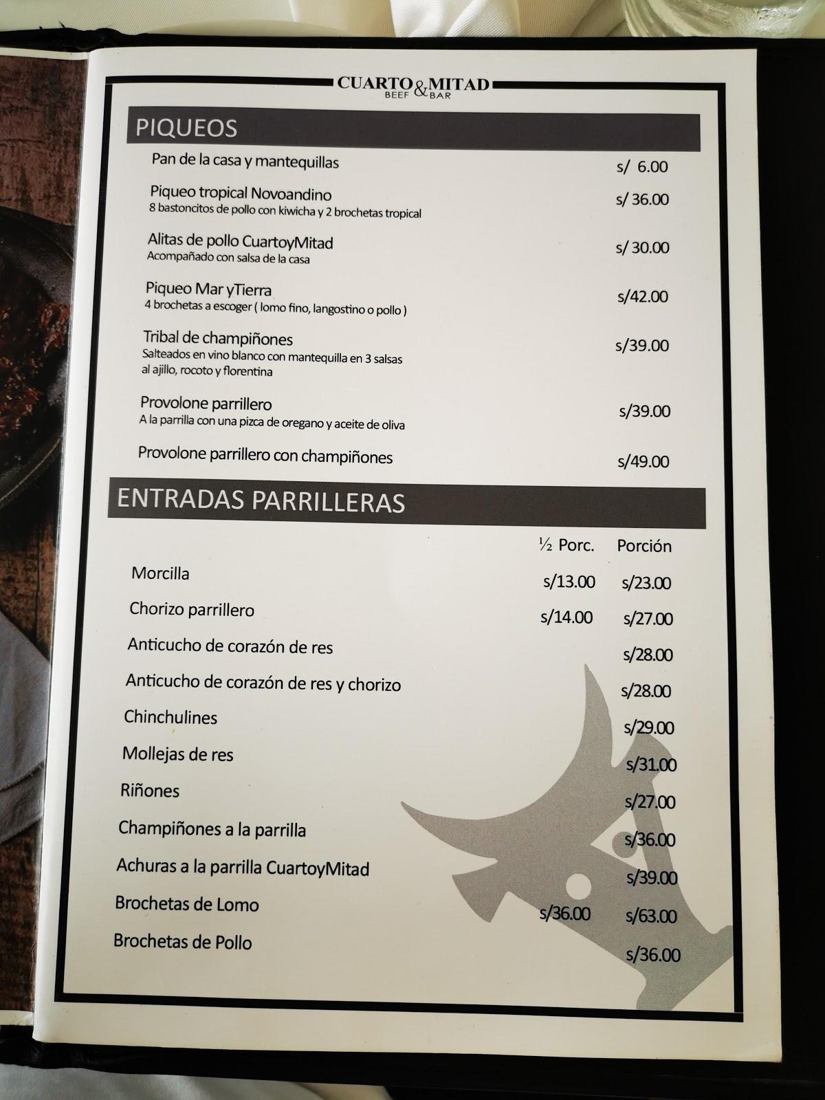 Carta de Restaurant Cuarto & Mitad, Lima
