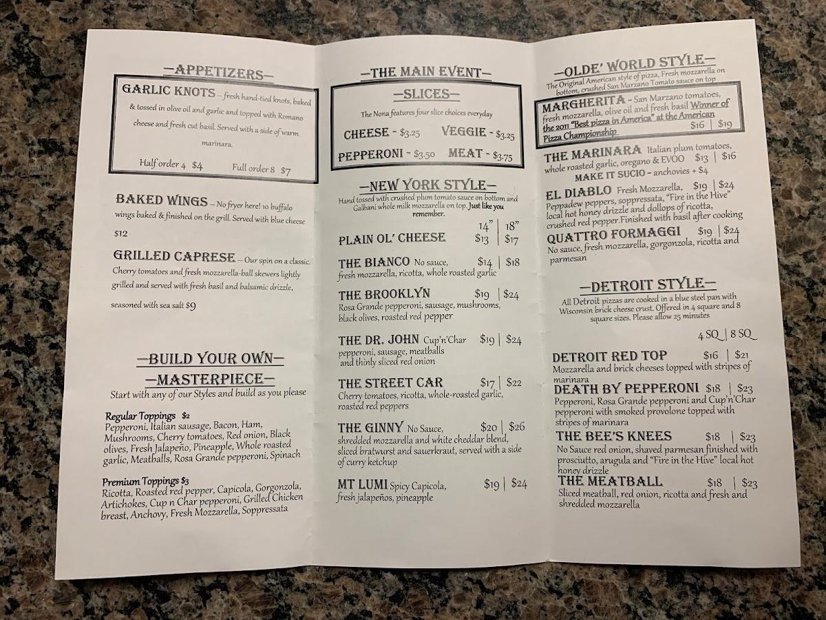 Menu at The NONA Slice House pizzeria, Safety Harbor