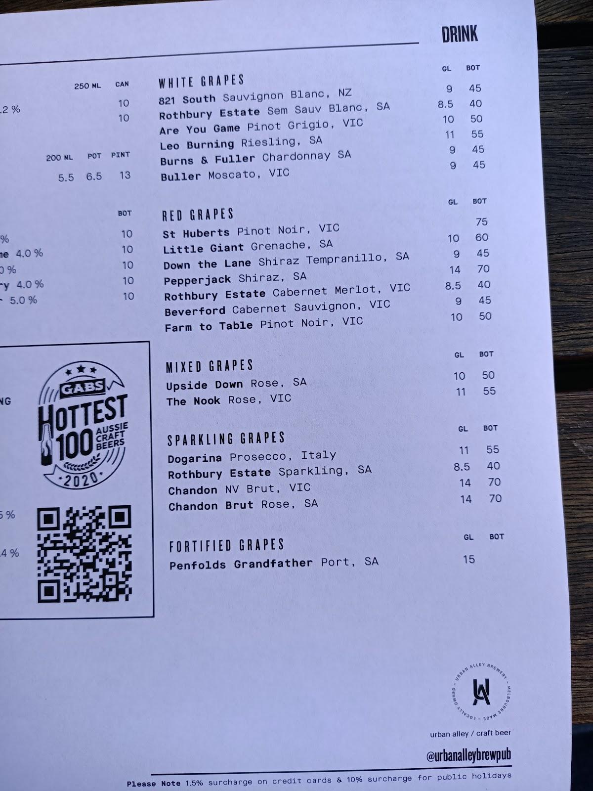 Menu at Urban Alley Brewery pub & bar, Melbourne